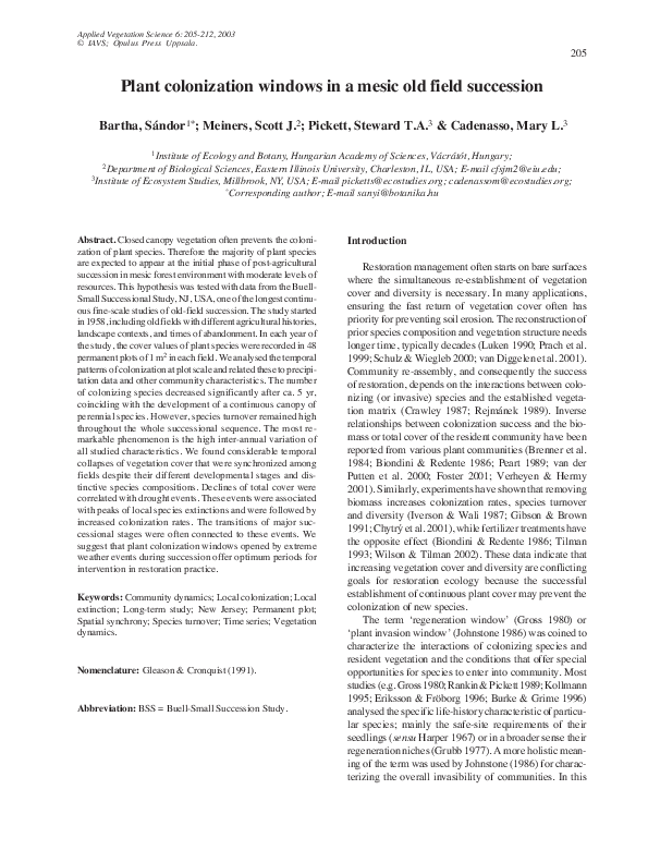 (PDF) Plant colonization windows in a mesic old field succession