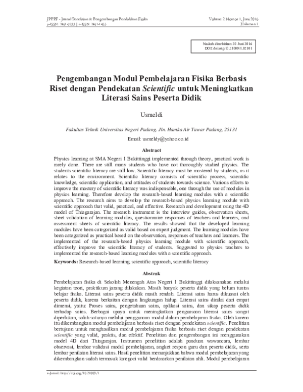 (PDF) Pengembangan Modul Pembelajaran Fisika Berbasis Riset dengan Pendekatan Scientific untuk ...