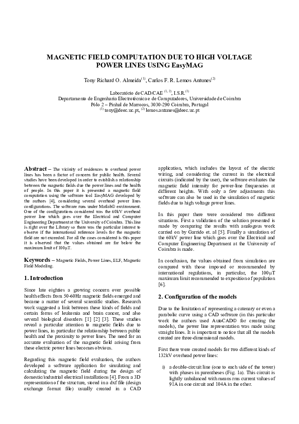 Pdf Magnetic Field Computation Due To High Voltage Power Lines Using