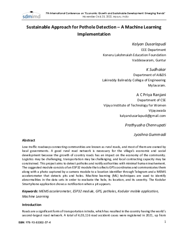 Pdf Sustainable Approach For Pothole Detection A Machine Learning Implementation 7981