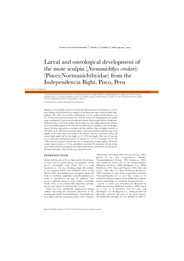 (PDF) LARVAL DEVELOPMENT OF THE MOTE SCULPIN (Normanichthys crockeri ...