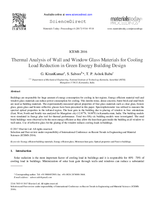 (PDF) Thermal Analysis of Wall and Window Glass Materials for Cooling Load Reduction in Green ...