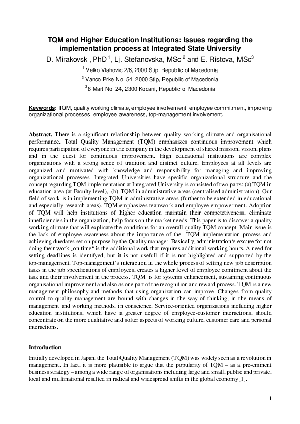 (PDF) TQM and Higher Education Institutions: Issues regarding the ...