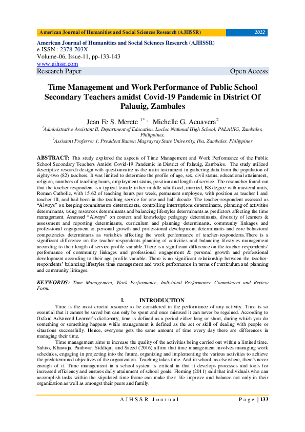 (PDF) Time Management and Work Performance of Public School Secondary Teachers amidst Covid-19 ...