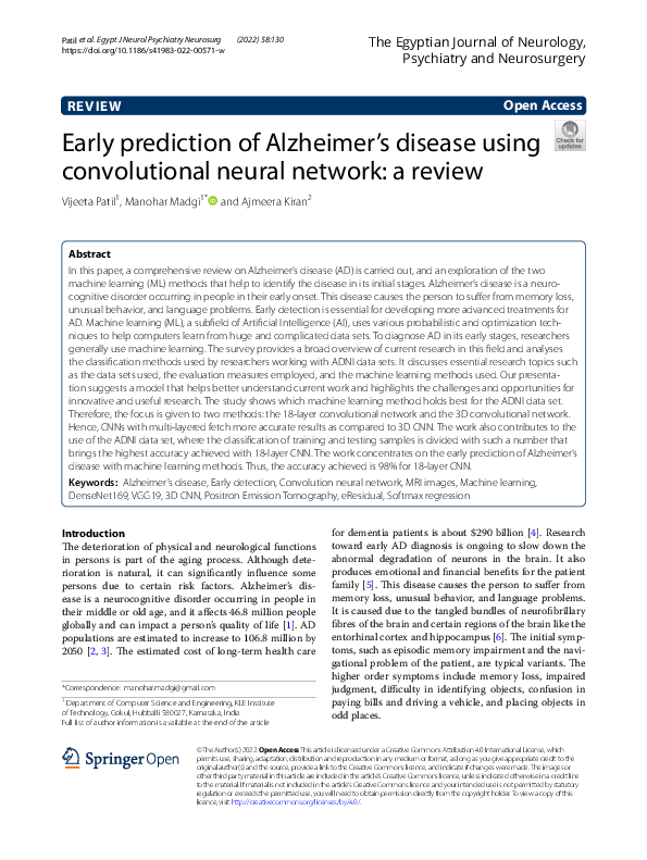 (PDF) Early prediction of Alzheimer's disease using convolutional neural network: a review