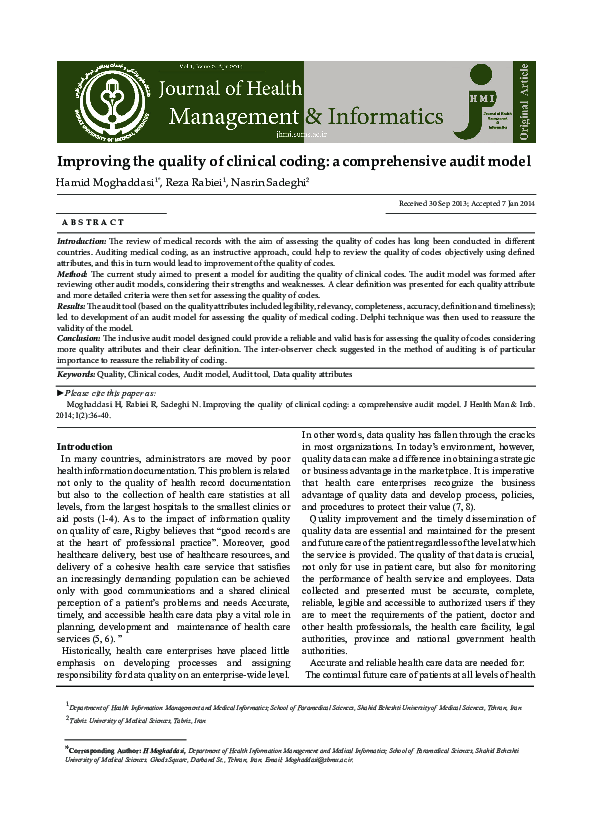 Pdf Improving The Quality Of Clinical Coding A Comprehensive Audit Model