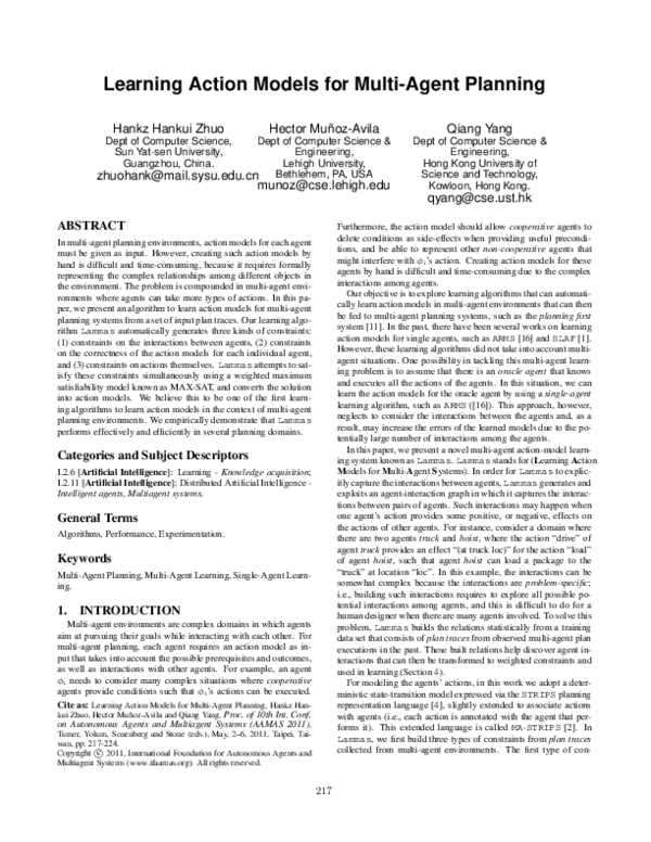 (PDF) Learning action models for multi-agent planning