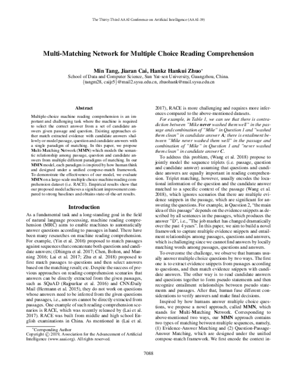 (PDF) Multi-Matching Network for Multiple Choice Reading Comprehension