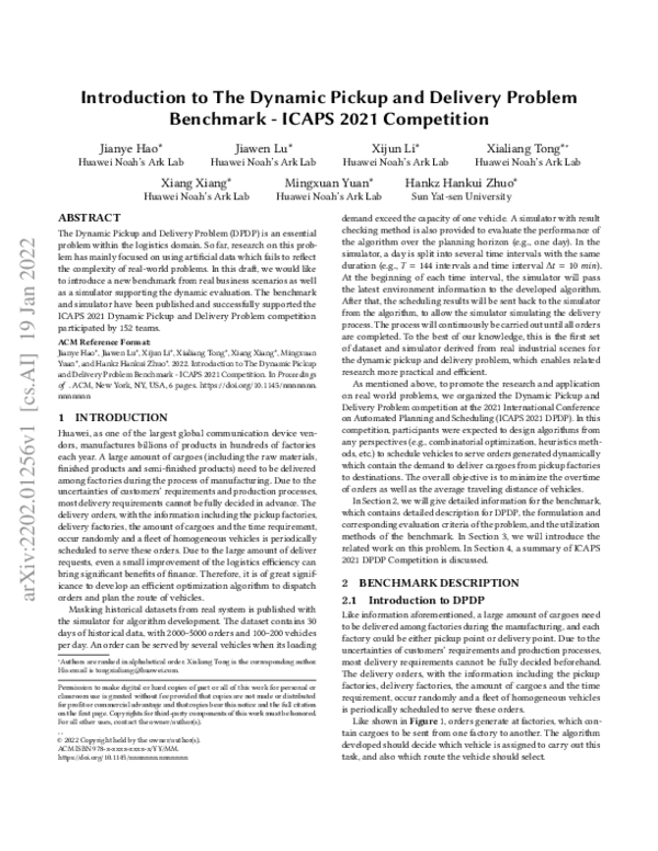 (PDF) Introduction to The Dynamic Pickup and Delivery Problem Benchmark -- ICAPS 2021 Competition