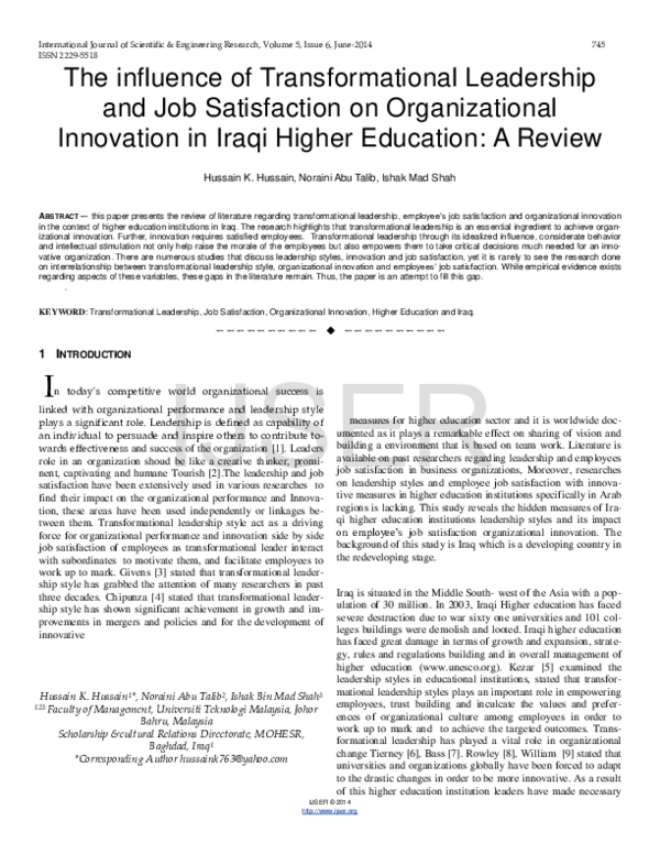 (PDF) The influence of transformational leadership and job satisfaction on organizational ...