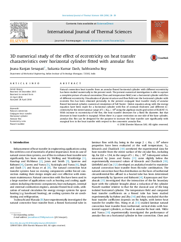 (PDF) 3D numerical study of the effect of eccentricity on heat transfer characteristics over ...