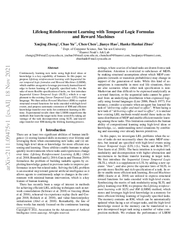 Pdf Lifelong Reinforcement Learning With Temporal Logic Formulas And
