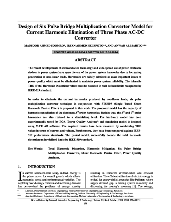 (PDF) Design of Six Pulse Bridge Multiplication Converter Model for Current Harmonic Elimination ...