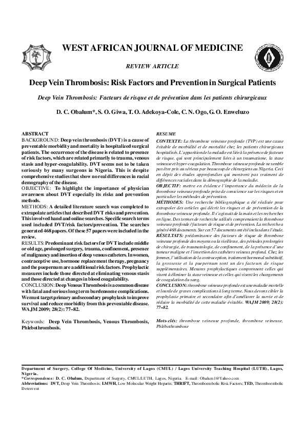 Pdf Deep Vein Thrombosis Risk Factors And Prevention In Surgical