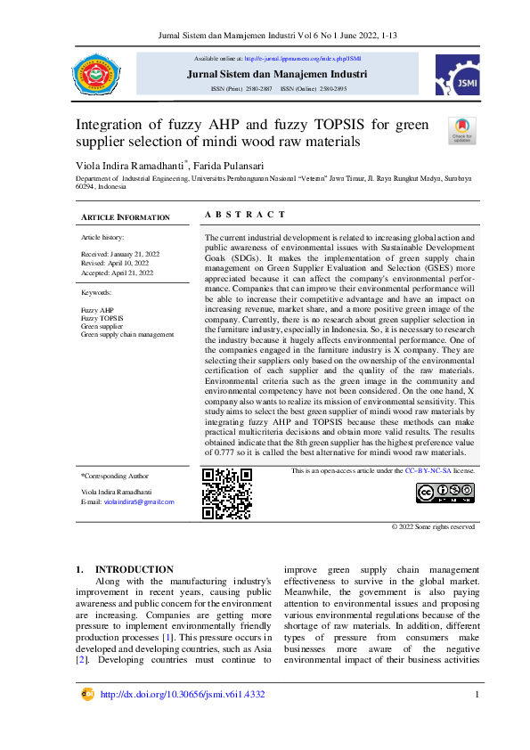 (PDF) Integration of fuzzy AHP and fuzzy TOPSIS for green supplier selection of mindi wood raw ...