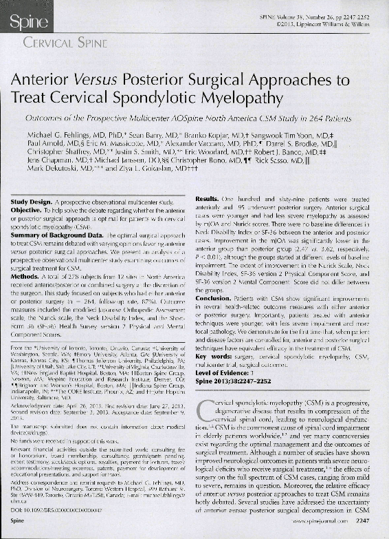 (PDF) Anterior Versus Posterior Surgical Approaches to Treat Cervical Spondylotic Myelopathy