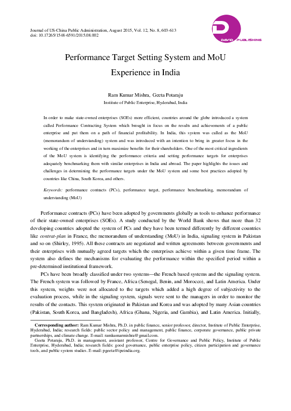 (PDF) Performance Target Setting System and MoU Experience in India