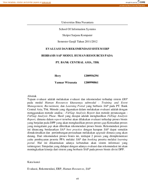 (PDF) Evaluasi Dan Rekomendasi Sistem Erp Berbasis Sap Modul Human Resource Pada Pt. Bank ...
