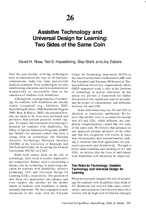 (PDF) Assistive technology and universal design for learning: Two sides ...