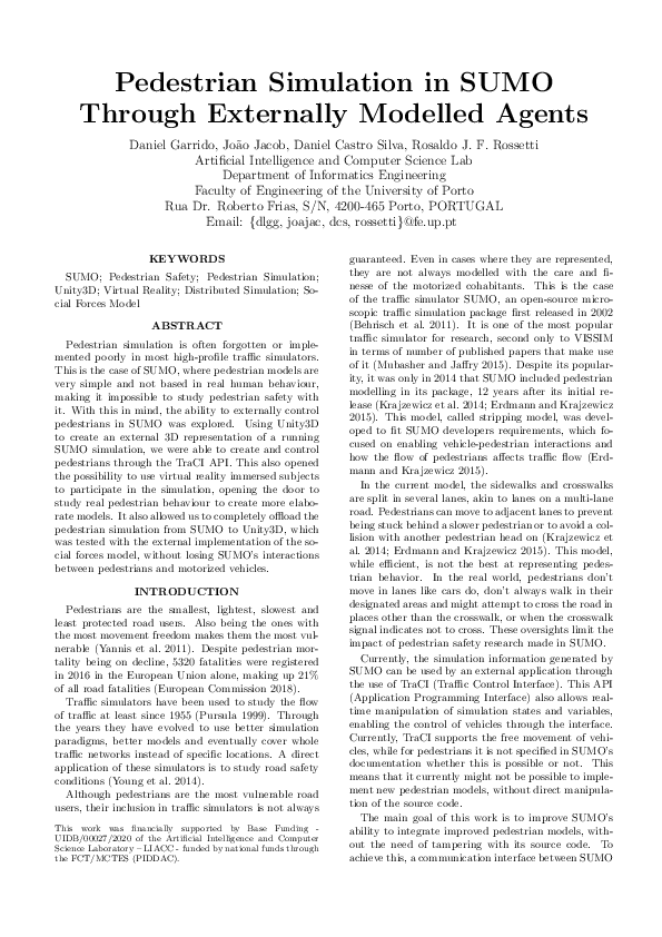 (PDF) Pedestrian Simulation In SUMO Through Externally Modelled Agents