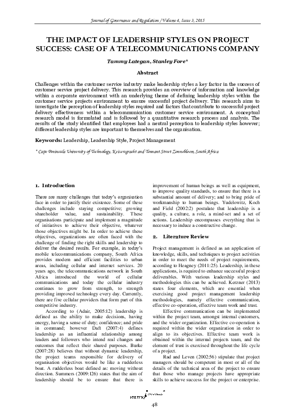 (PDF) The impact of leadership styles on project success: Case of a ...