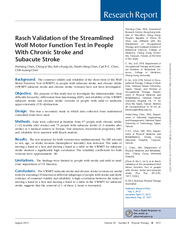 (PDF) Rasch Validation of the Streamlined Wolf Motor Function Test in ...