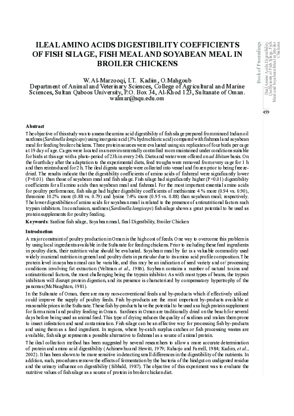 (PDF) Ileal amino acids digestibility coefficients of fish silage, fish ...