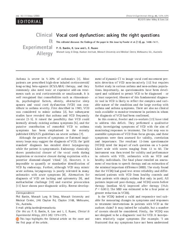 (PDF) Vocal cord dysfunction: asking the right questions