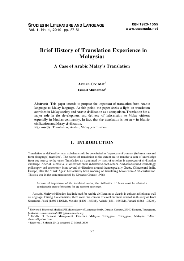 (PDF) Brief History of Translation Experience in Malaysia: A Case of ...