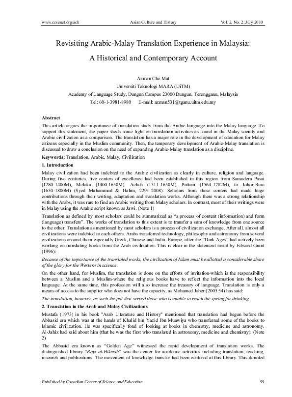 (PDF) Revisiting Arabic-Malay Translation Experience in Malaysia: A ...