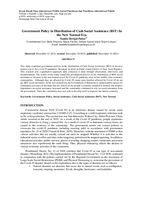 (PDF) Government Policy In Distribution Of Cash Social Assistence (BST ...