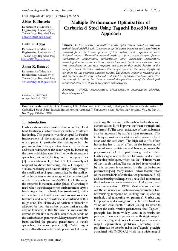 Pdf Multiple Performance Optimization Of Carburized Steel Using Taguchi Based Moora Approach