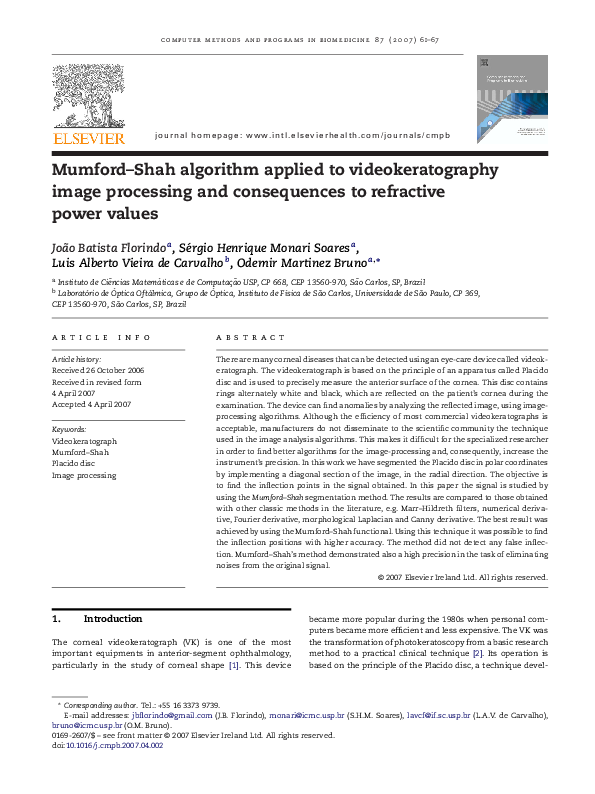 Pdf Mumfordshah Algorithm Applied To Videokeratography Image Processing And Consequences To
