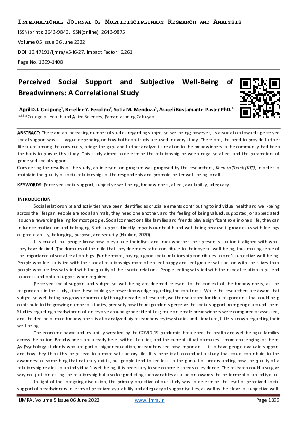 (PDF) Perceived Social Support and Subjective Well-Being of ...