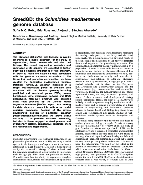 (PDF) SmedGD: the Schmidtea mediterranea genome database
