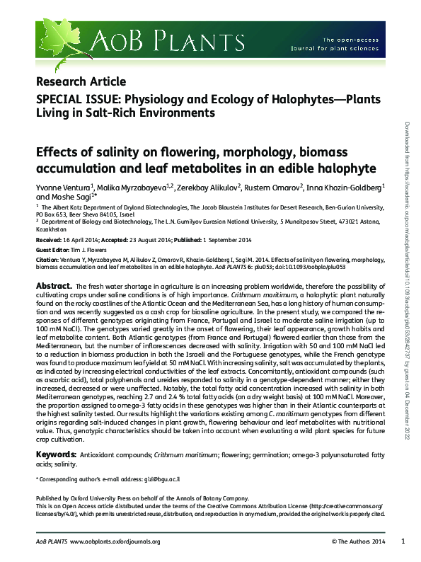 (PDF) Effects of salinity on flowering, morphology, biomass ...
