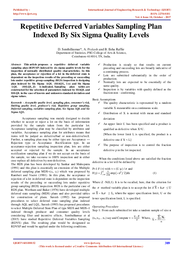 (PDF) Repetitive Deferred Variables Sampling Plan Indexed By Six Sigma Quality Levels