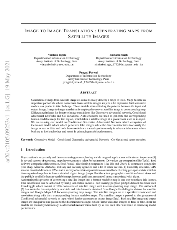 (PDF) Image to Image Translation : Generating maps from satellite images