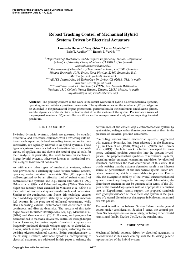 (PDF) Robust Tracking Control of Mechanical Hybrid Systems Driven by Electrical Actuators