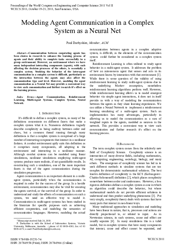 (PDF) Modeling Agent Communication in a Complex System as a Neural Net