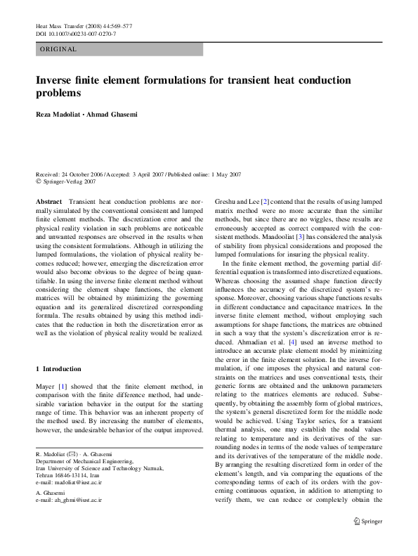 (PDF) Inverse finite element formulations for transient heat conduction ...