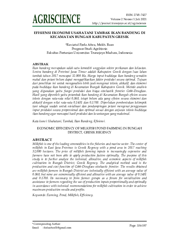 (PDF) Analisis Keuntungan Dan Faktor–Faktor Yang Mempengaruhi Produksi Budidaya Tambak Bandeng ...