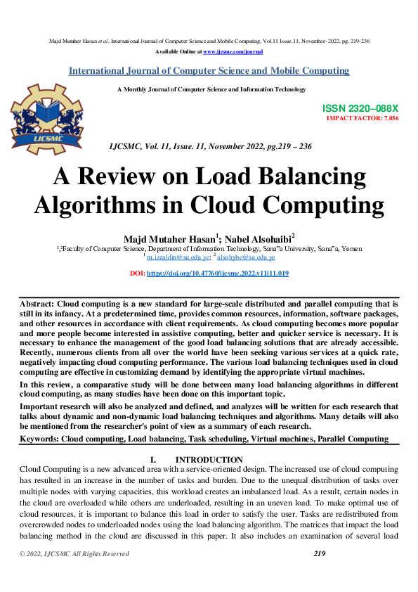 Pdf A Review On Load Balancing Algorithms In Cloud Computing Ijcsmc 9792
