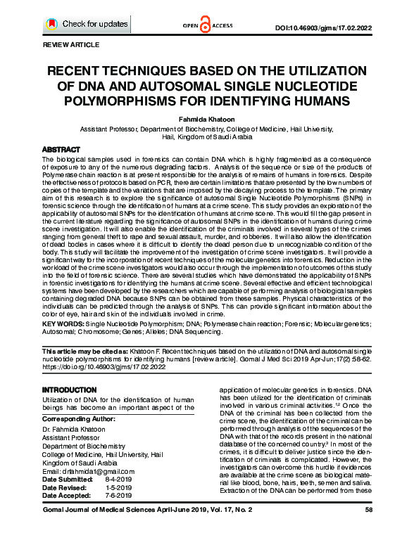(PDF) Recent Techniques Based on the Utilization of Dna and Autosomal Single Nucleotide ...