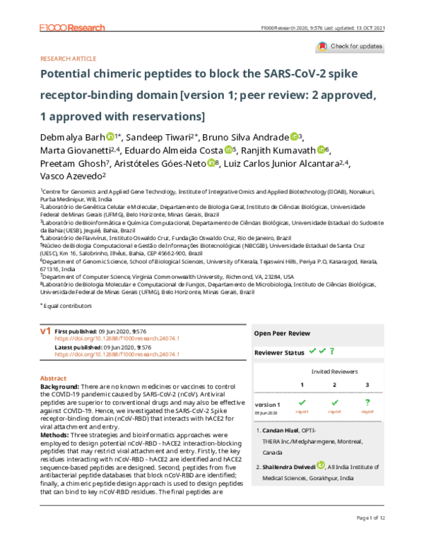 (PDF) Potential Chimeric Peptides to Block the SARS-CoV-2 Spike RBD