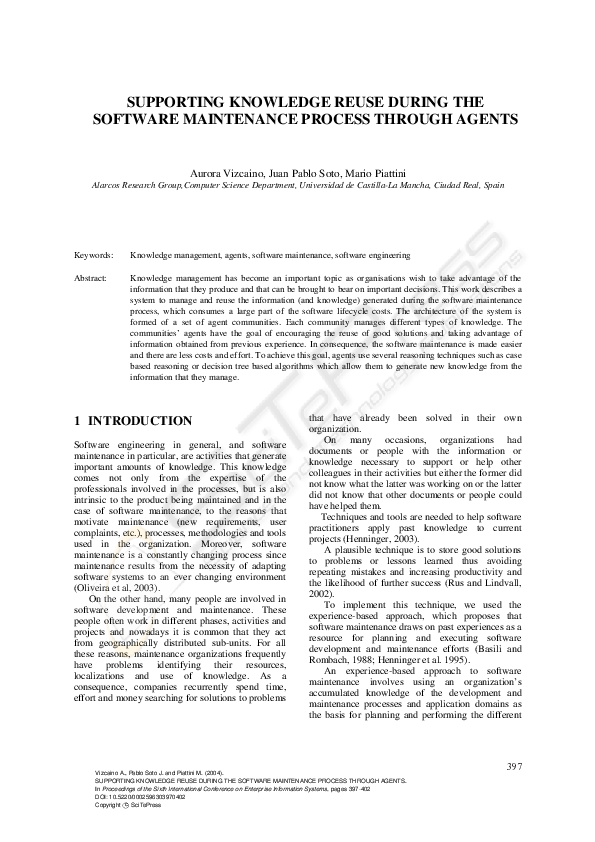 (PDF) Supporting Knowledge Reuse During the Software Maintenance Process Through Agents | Mario ...