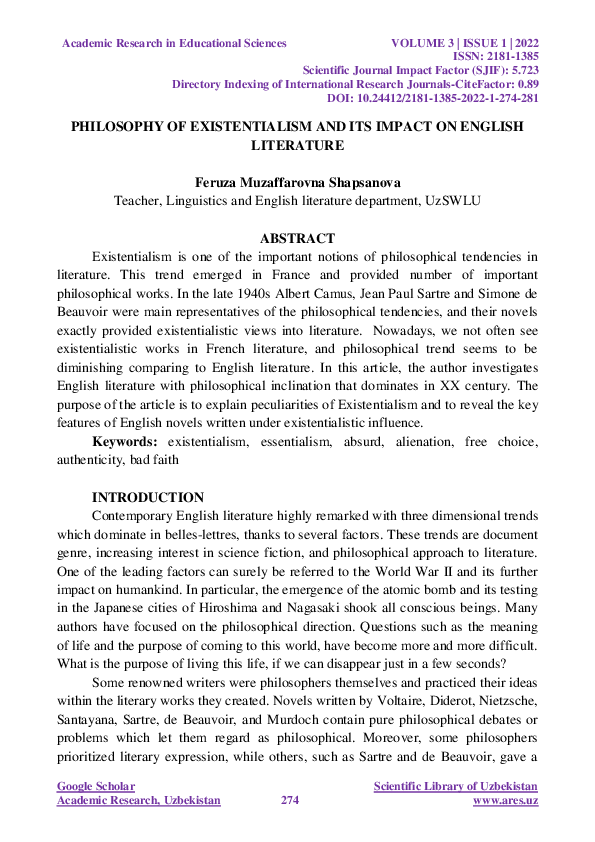 (PDF) Philosophy of Existentialism and Its Impact on English Literature