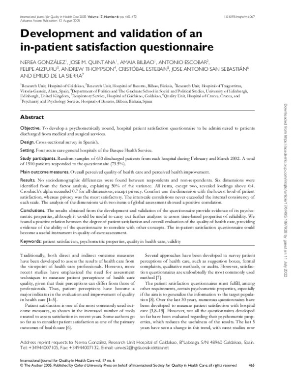 Pdf Development And Validation Of An In Patient Satisfaction Questionnaire