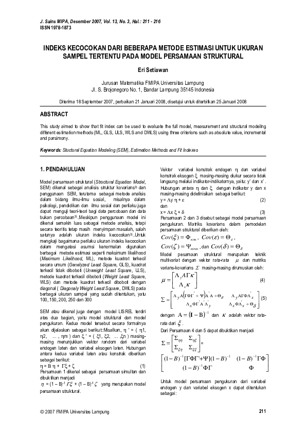 Pdf Indeks Kecocokan Dari Beberapa Metode Estimasi Untuk Ukuran