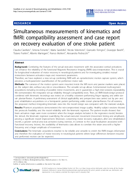 (PDF) Simultaneous measurements of kinematics and fMRI: compatibility ...